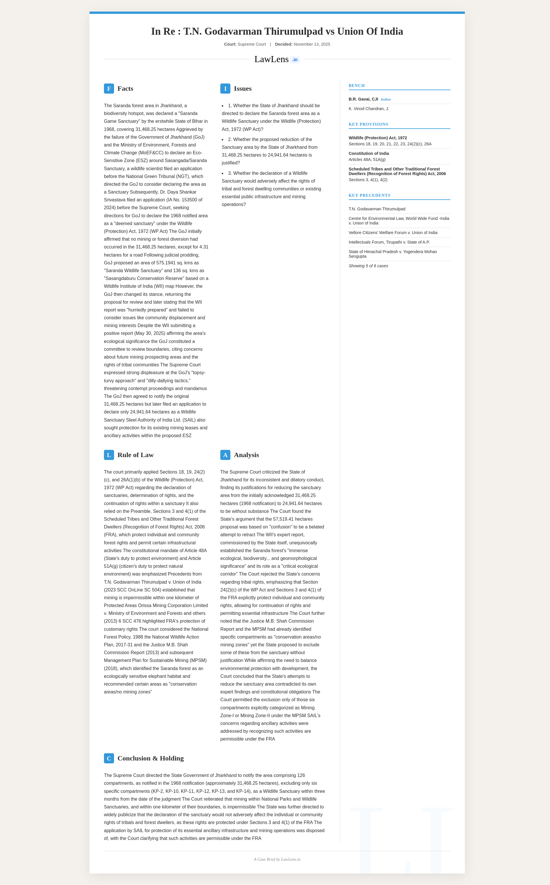 IN RE: Saranda Wildlife Sanctuary; 2025 INSC 1311 -Wildlife Protection Act