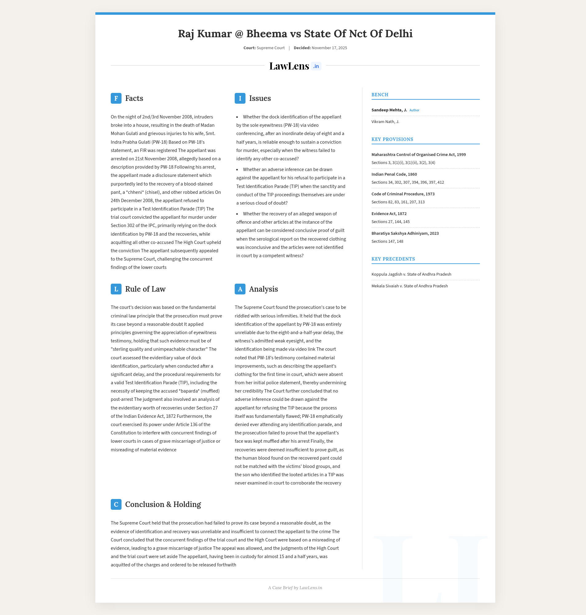 Raj Kumar @ Bheema v. State of NCT of Delhi; 2025 INSC 1322 -Ss. 144,145 Evidence Act