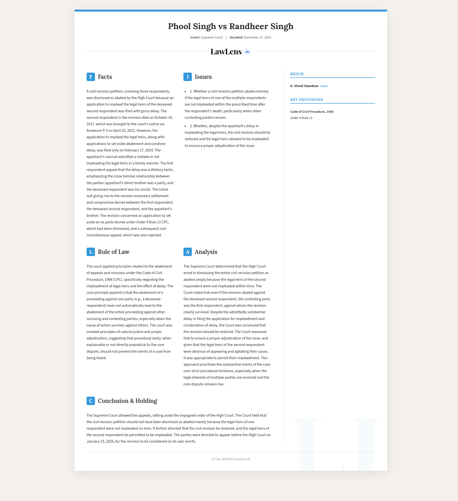Phool Singh vs Randheer Singh 2025 INSC 1492 - CPC - Abatement
