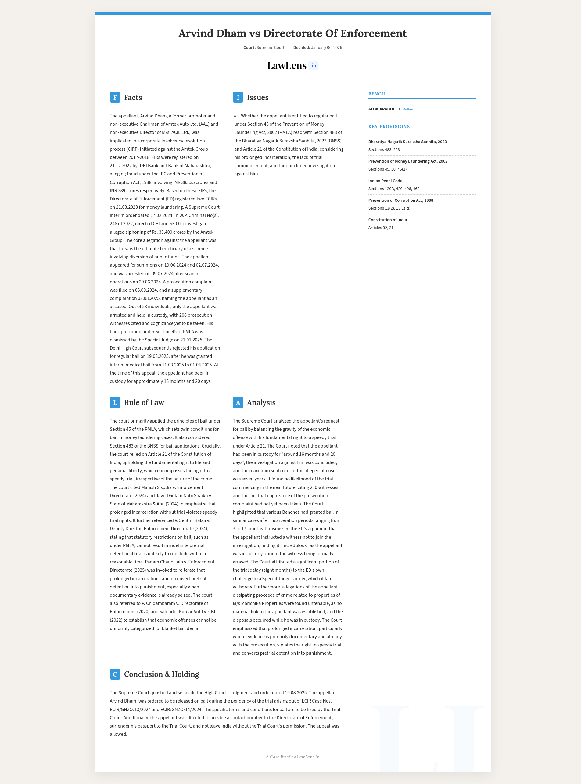 Arvind Dham v. Directorate of Enforcement 2026 INSC 12 - PMLA - Bail ...