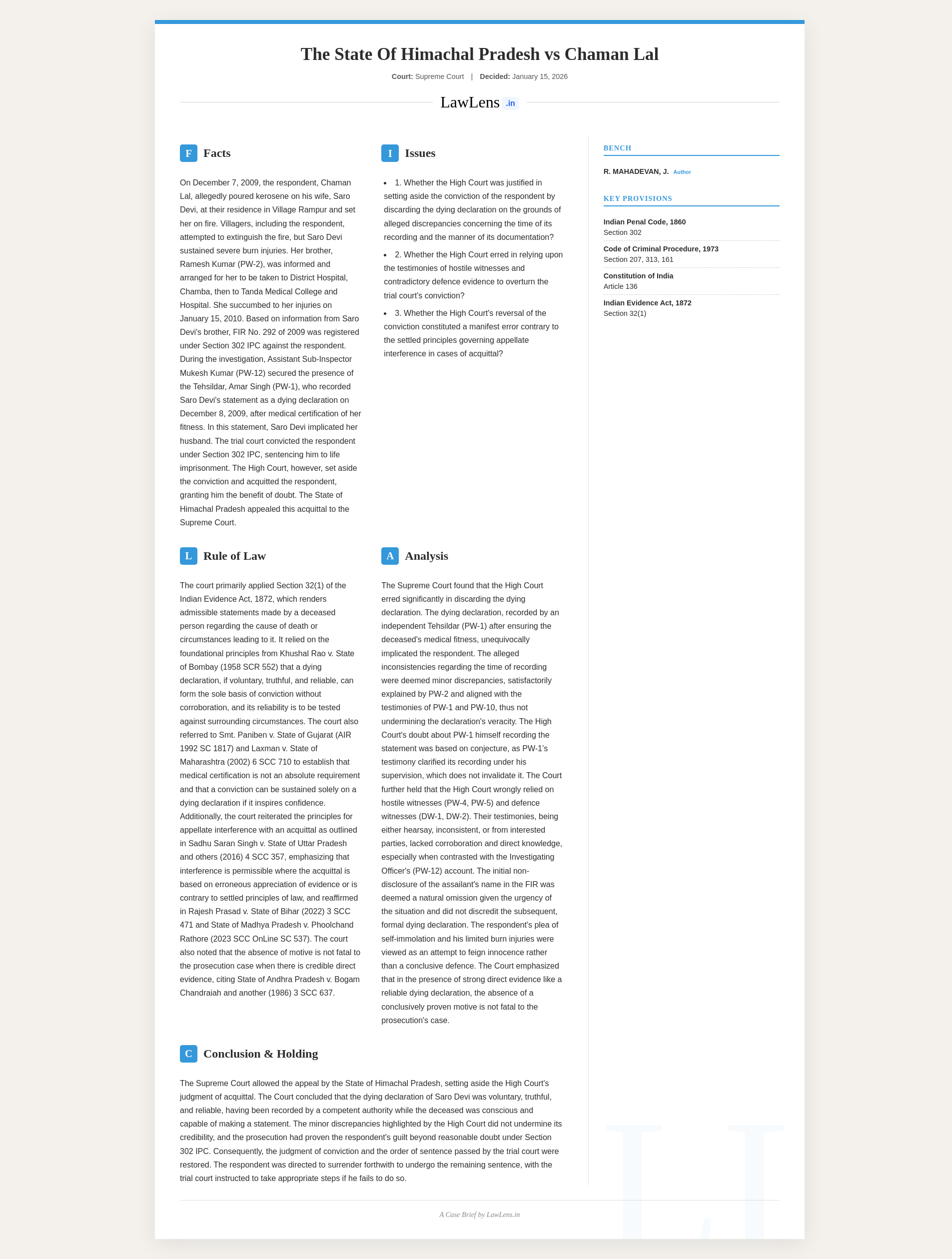 State of Himachal Pradesh vs Chaman Lal; 2026 INSC 57 - Evidence Act ...