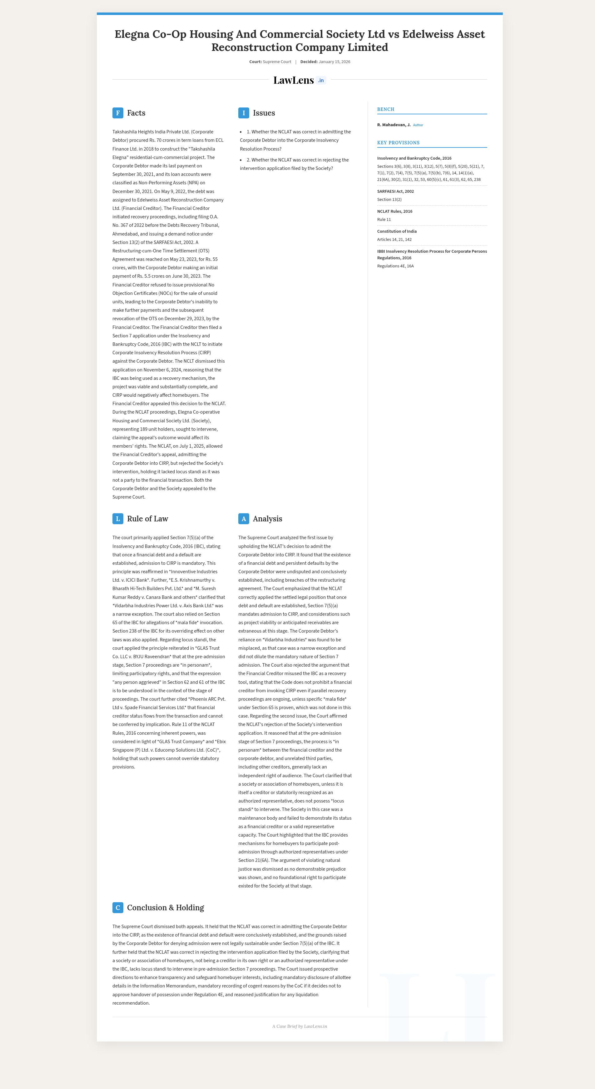 Elegna Co-Op Housing & Commercial Society Ltd v. Edelweiss ARC Ltd ...