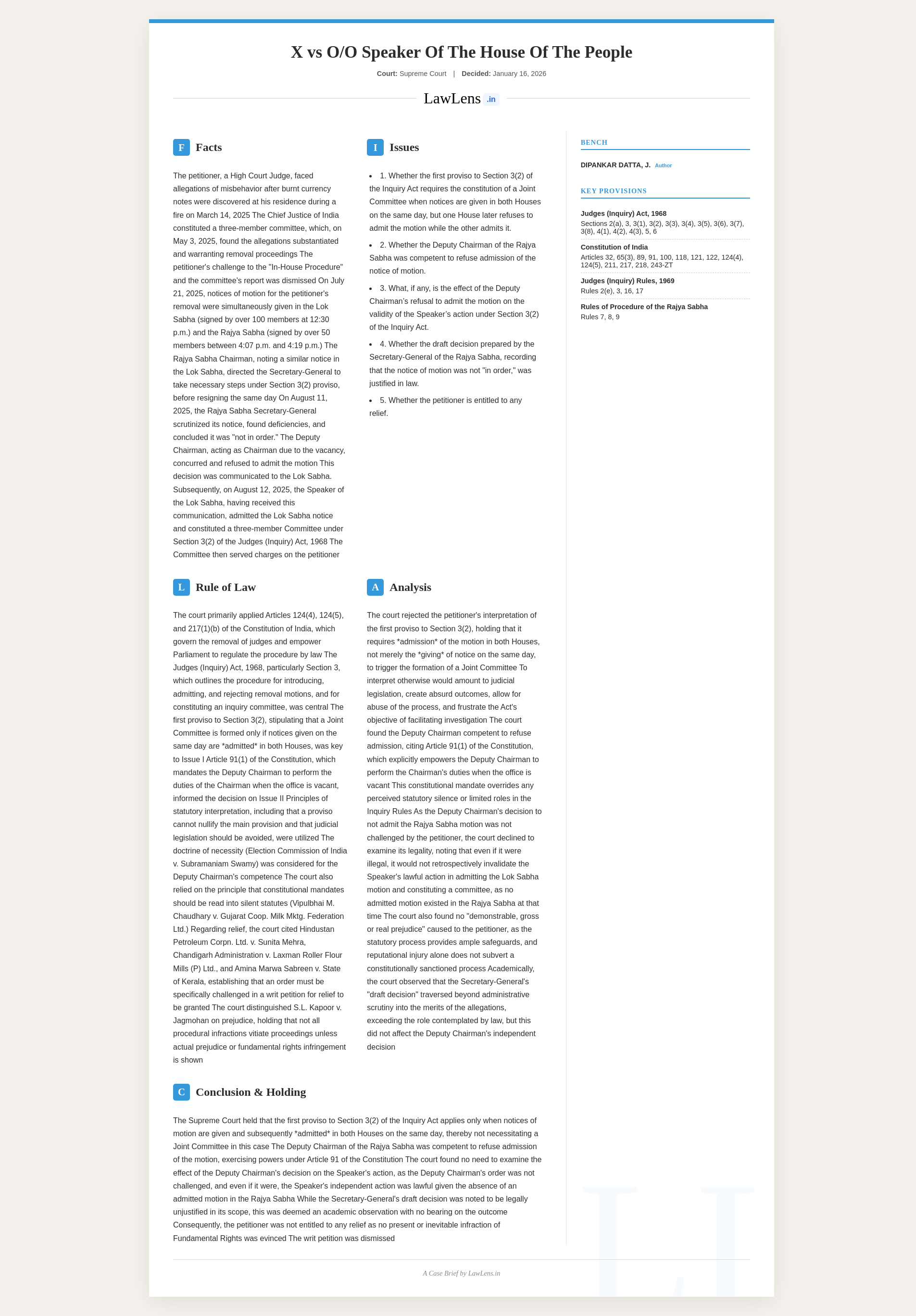 X v. O/O Speaker of the House of People 2026 INSC 65 - Judges Inquiry ...