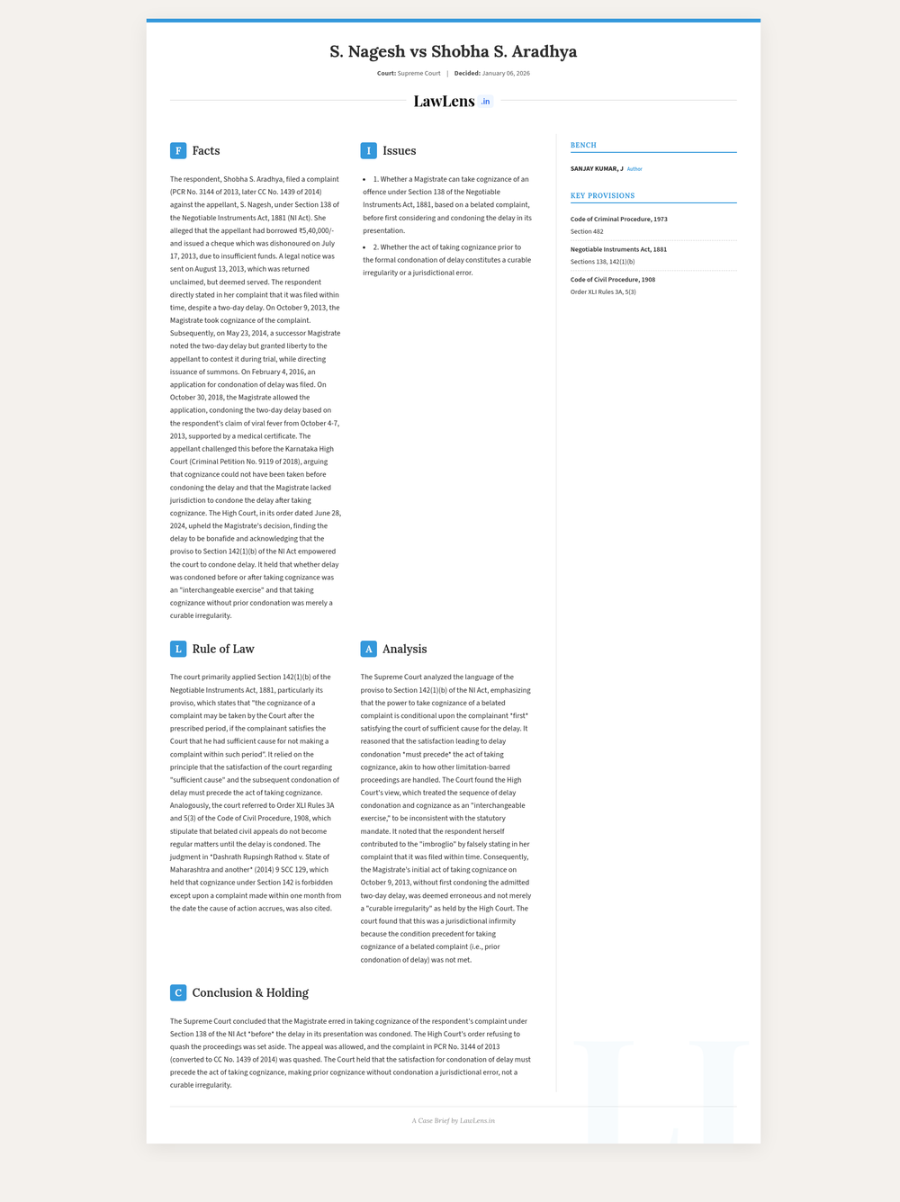 S. Nagesh v. Shobha S. Aradhya; 2026 INSC 27 - NI Act - Delay ...