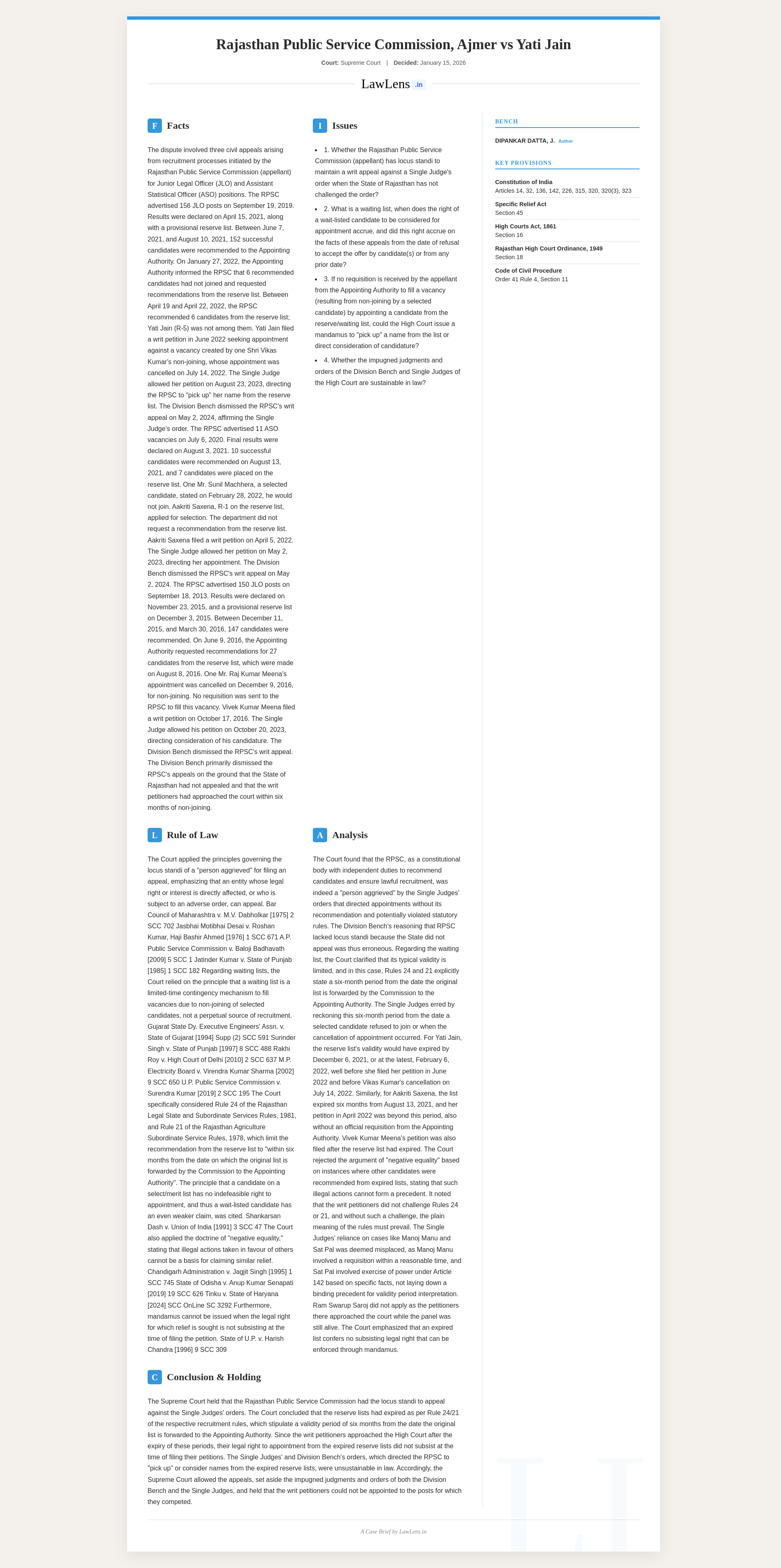 Rajasthan Public Service Commission v. Yati Jain ; 2026 INSC 64 ...