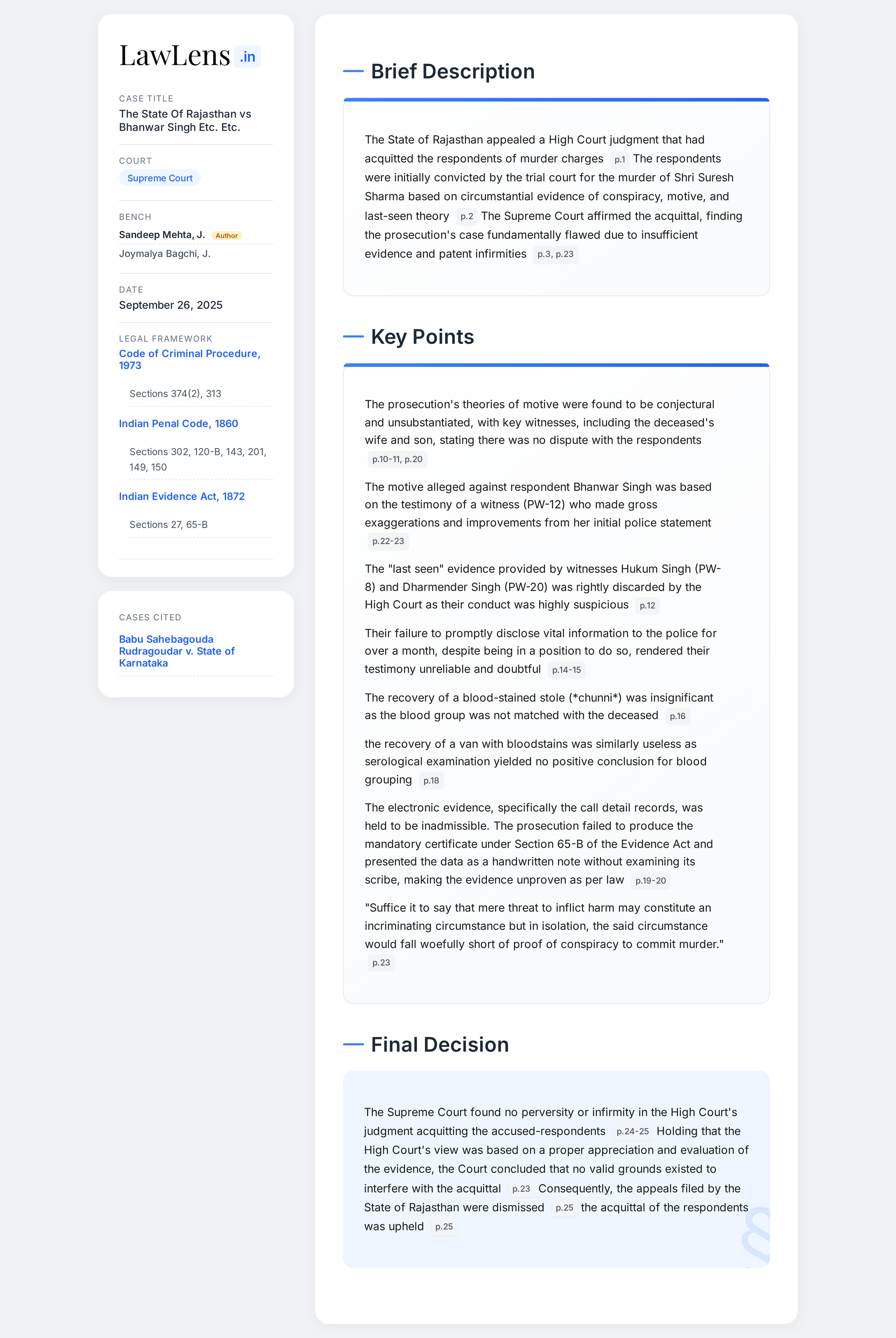 State of Rajasthan v. Bhanwar Singh 2025 INSC 1166 - Murder Case ...